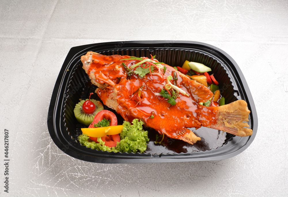 deep fried crispy whole grouper fish seafood with sweet and sour chilli ...