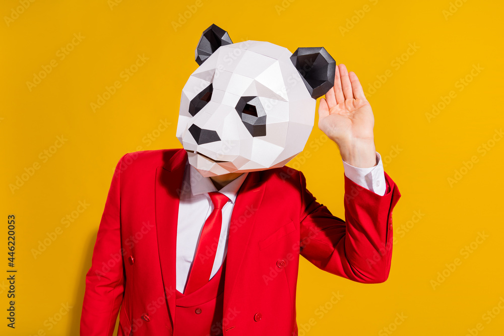 Photo of curious guy eavesdropping empty space wear panda mask red tux ...