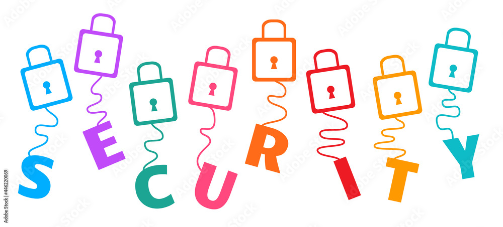 Security Word Letters Hanging From Lock Symbols Colorful ilustração do ...