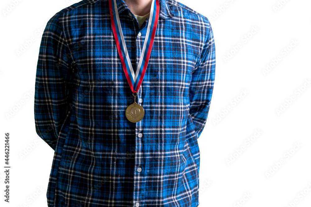 young man with a golden medal on the chest, personar achievment and ...