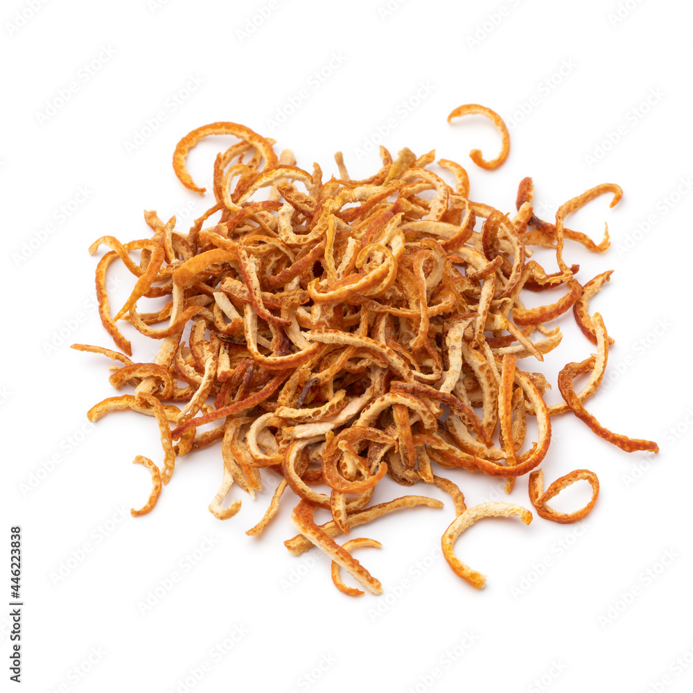 Heap of preserved bitter orange peel isolated on white background close ...
