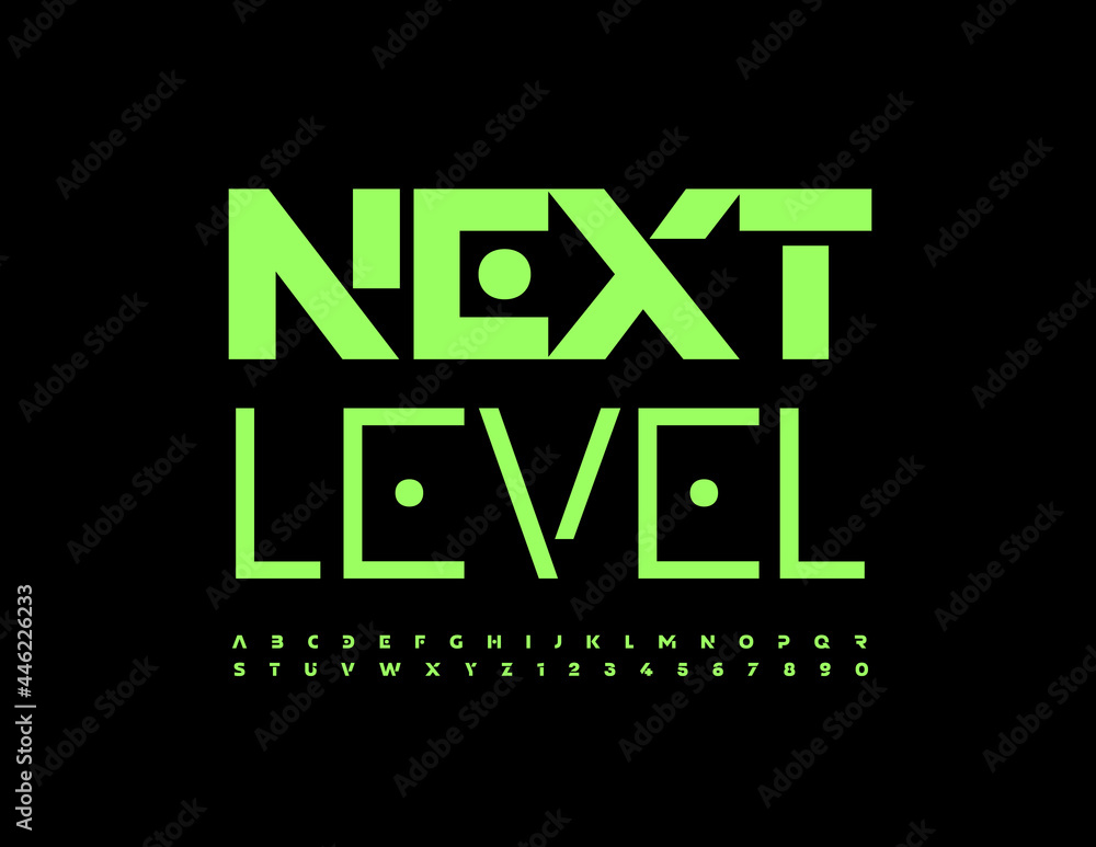 Vector bright emblem Next Level. Green techno Font. Modern set of ...