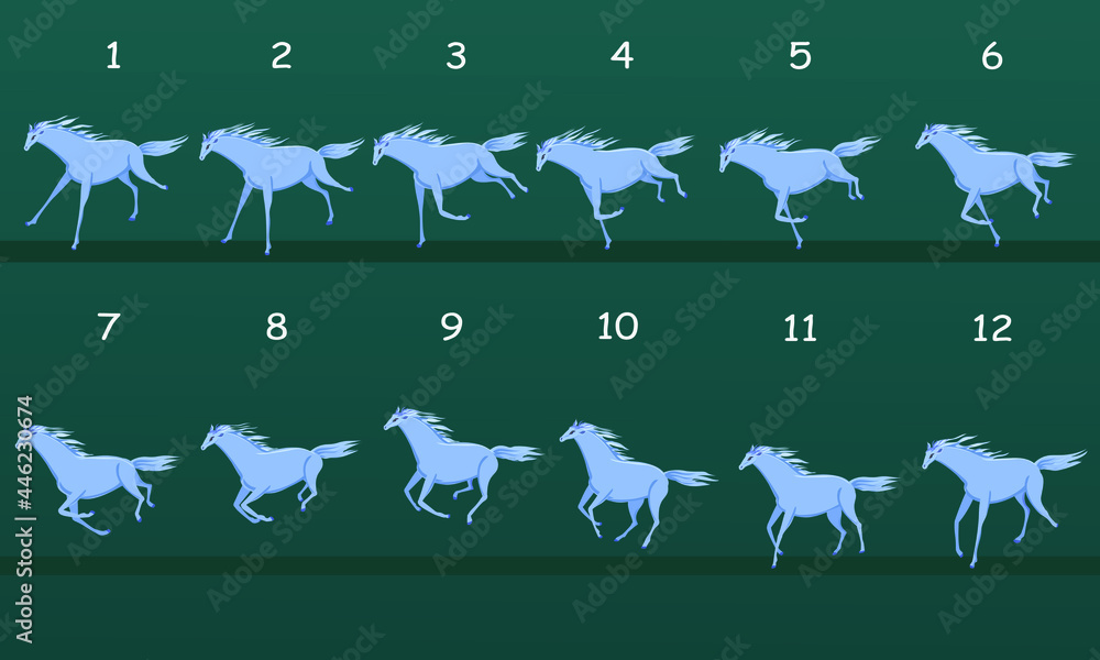 Horse running animation. Twelve key positions of horse running. Vector ...