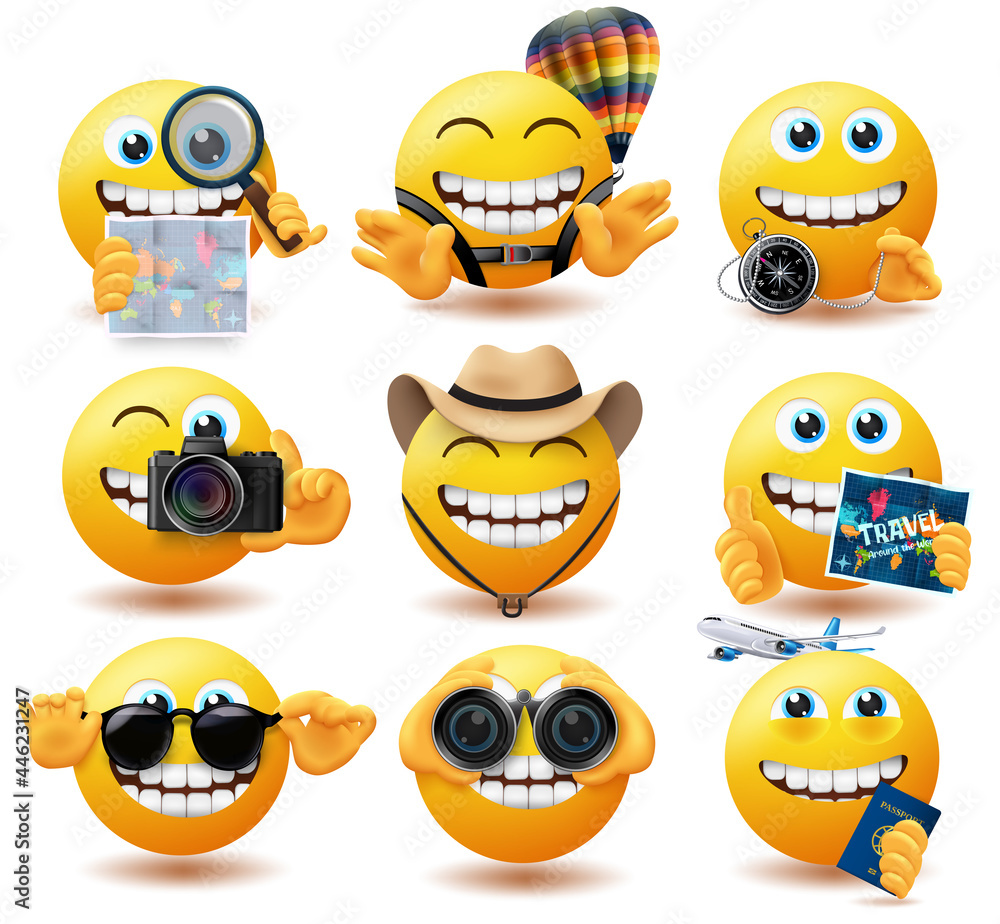 Emoji travel smiley vector set. Emoticon travelling characters with map ...