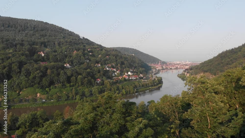 Aerial drone shot of the city of Heidelberg and the Neckar valley. The ...