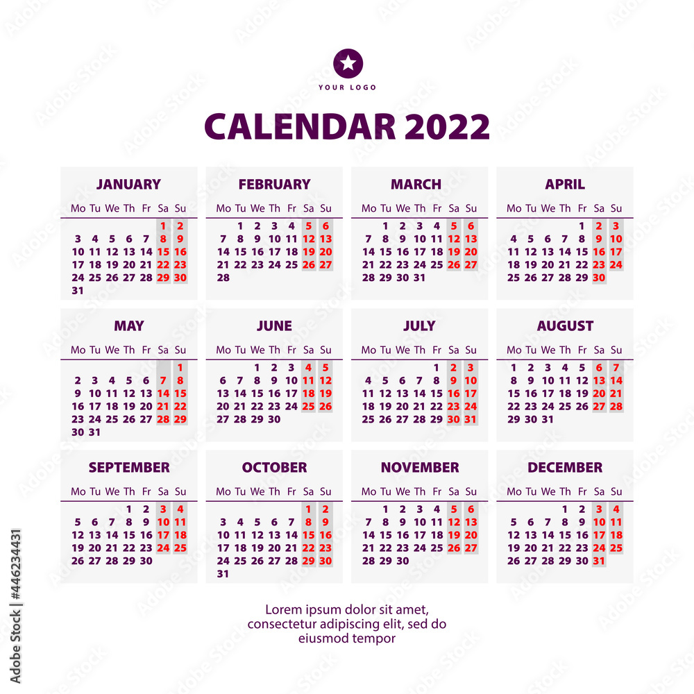 2022 Year Calendar. Week starts on Monday. Concept for print and WEB ...
