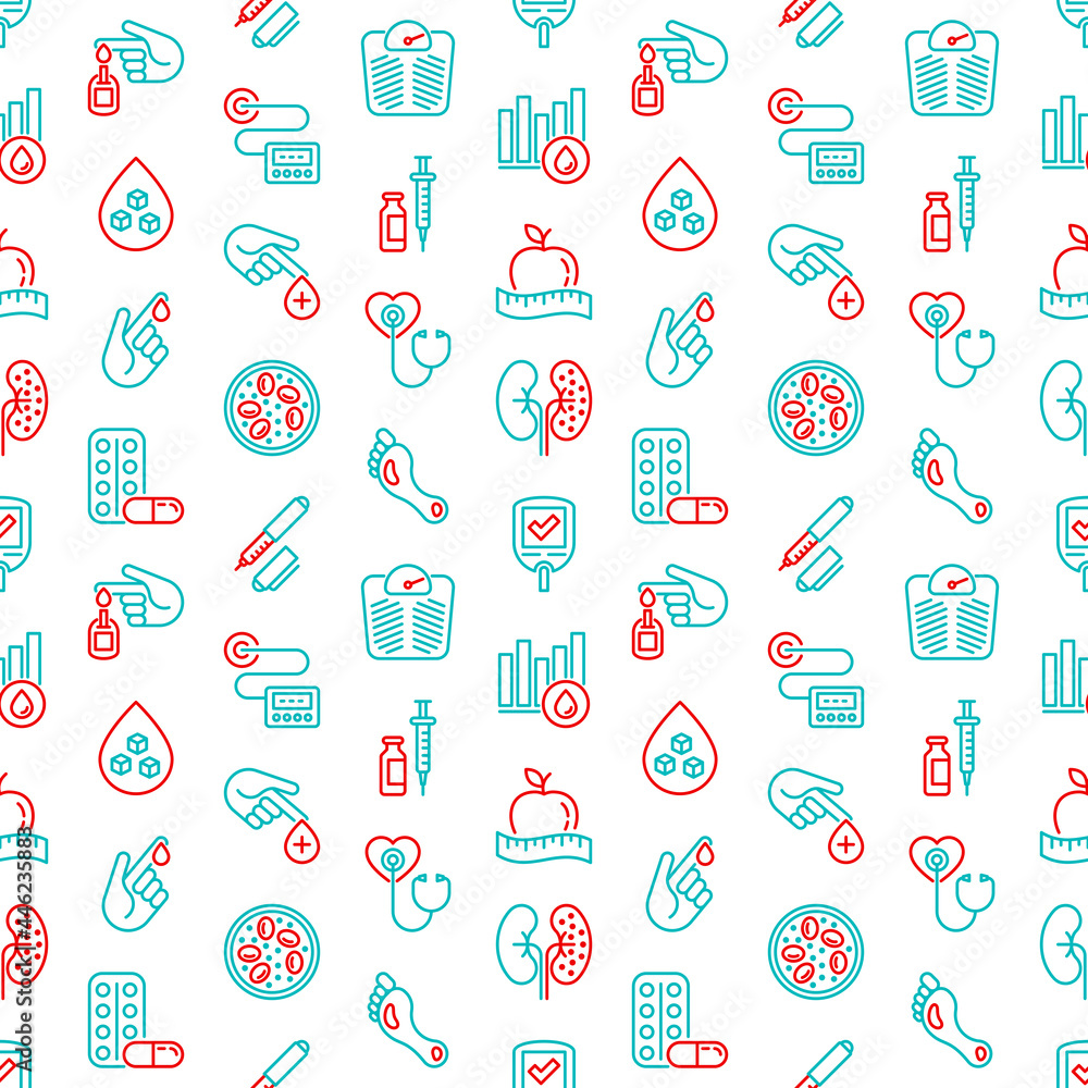 Diabetes seamless pattern with thin line icons: blood test, glucometer ...