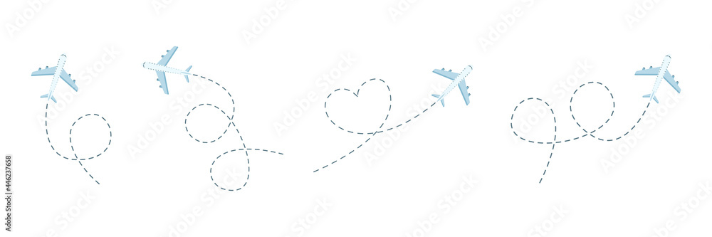 Airplane line path icon set. Air plane flight route with line trace ...