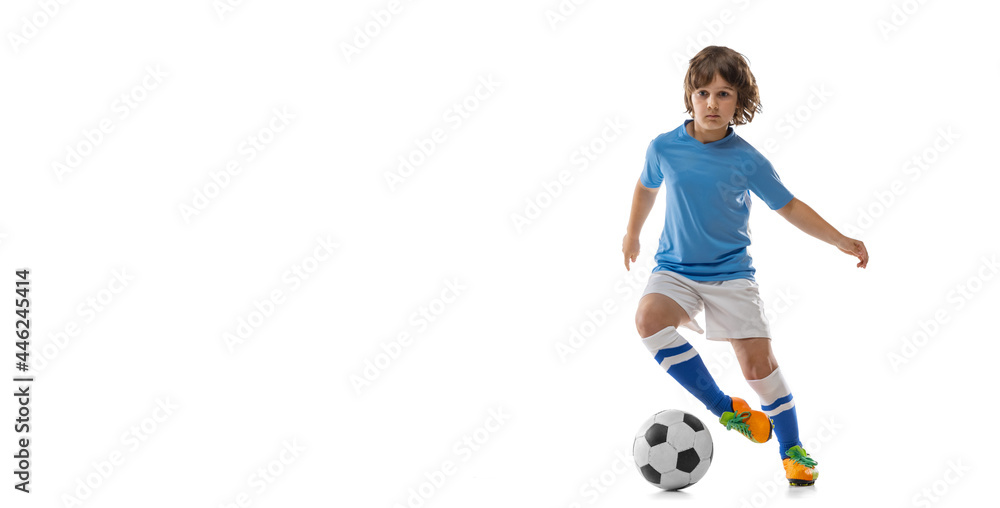 Flyer with little sportsman, football soccer player, boy playing ...