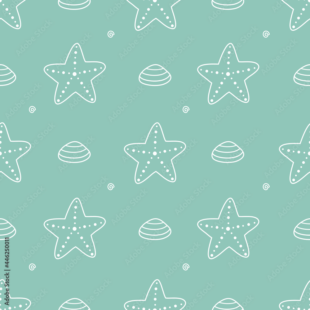 Seamless vector pattern with cute hand drawn starfishes and clams ...