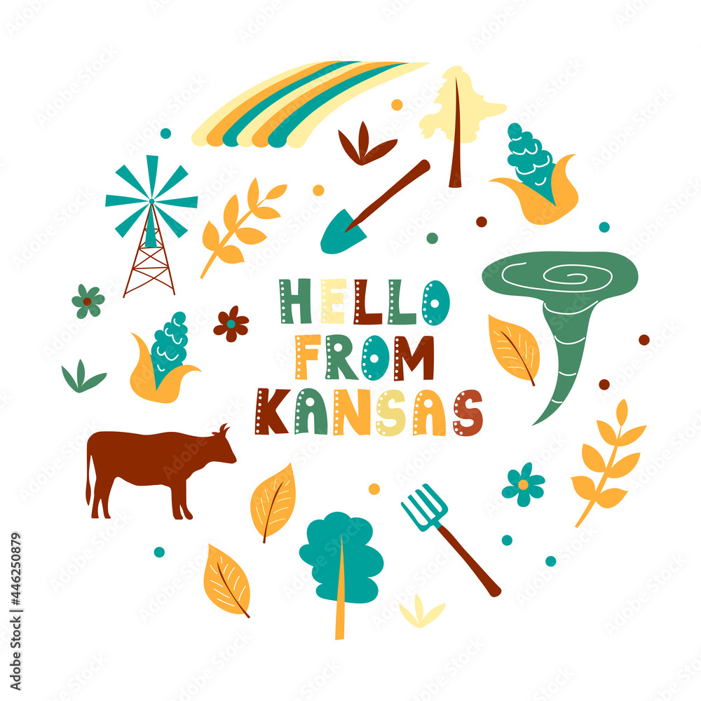 Illustrated map of the state of Kansas in United States with state ...