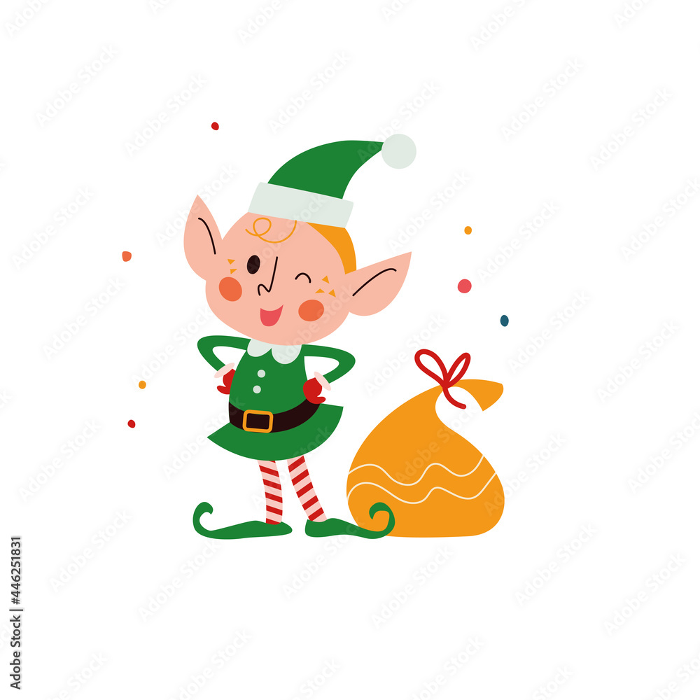 Cute little Santa elf character smiling and winking at presents bag ...