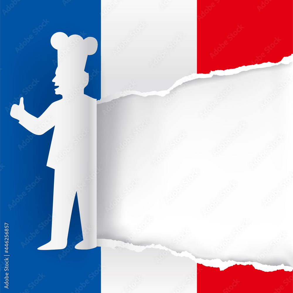French Regional Cuisine background, square banner. Torn paper chef ...