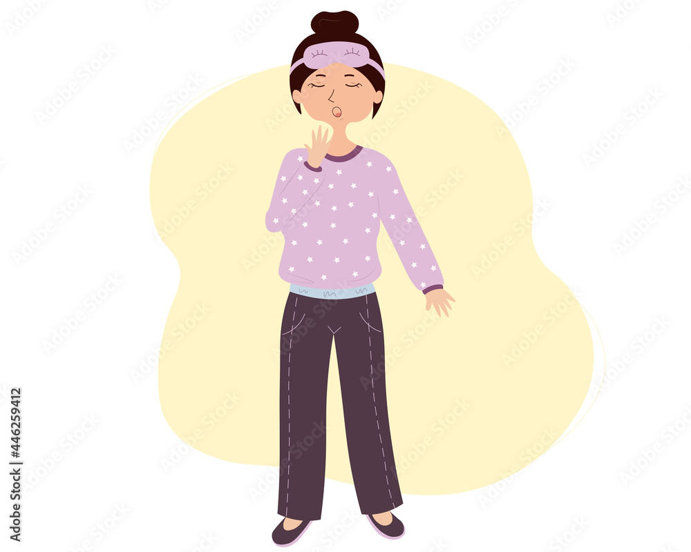 Cute cartoon yawning girl in purple pajama Stock Vector | Adobe Stock