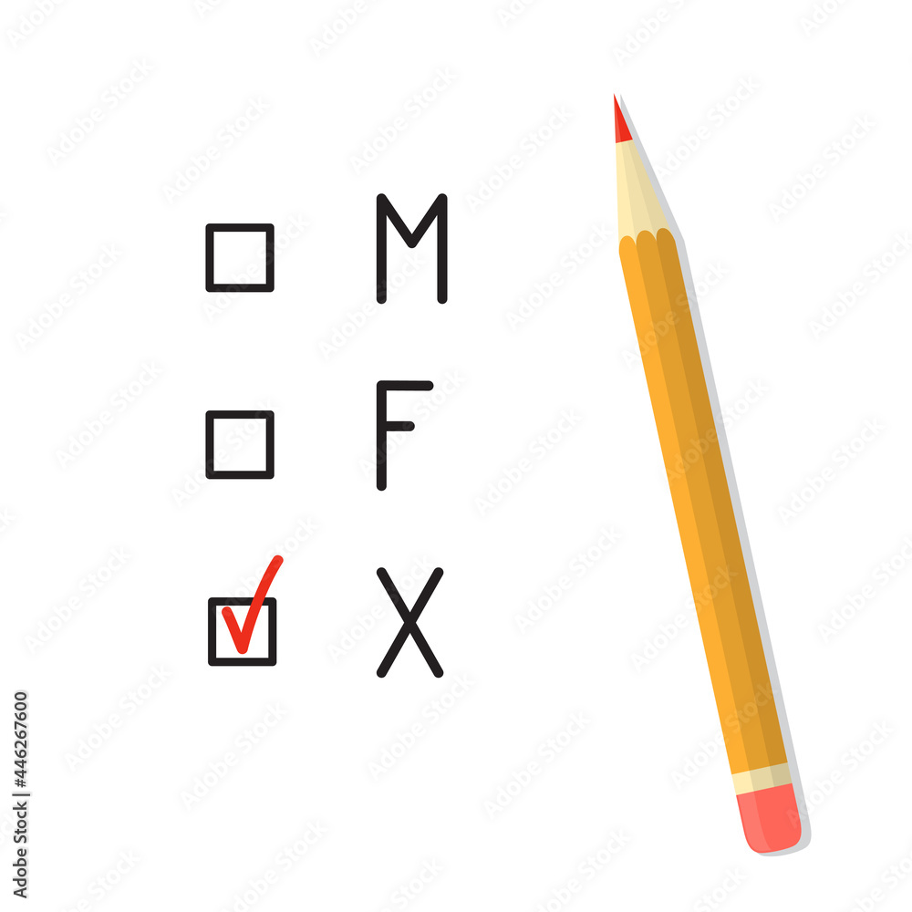 Check boxes with three options of gender marker. Red tick against the ...