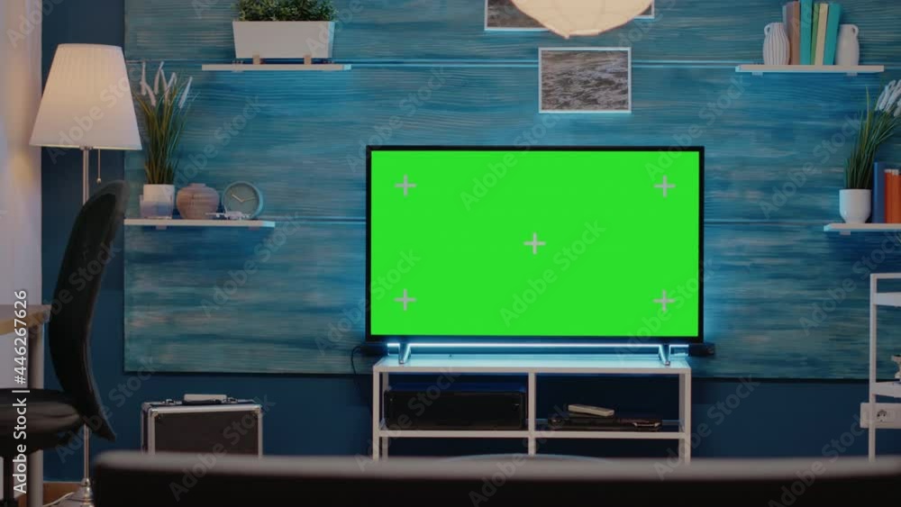 Empty room with green screen on television monitor in living room at ...