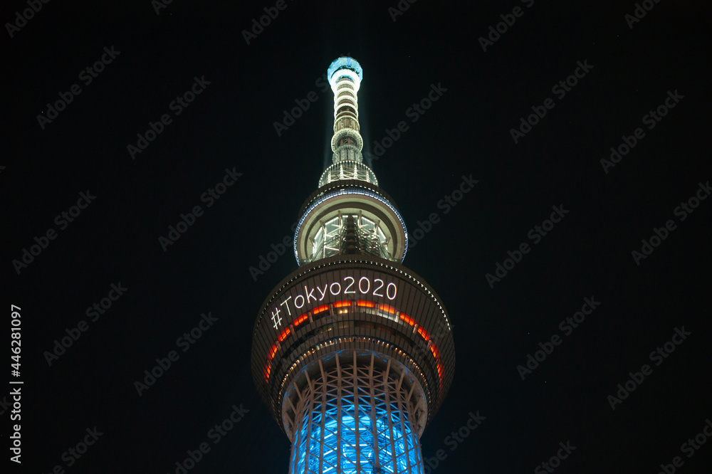 Tokyo, Japan - July 29, 2019: The skytree tower is illuminated at night ...