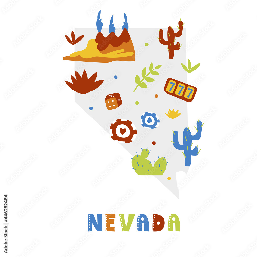 USA map collection. State symbols and nature on gray state silhouette ...