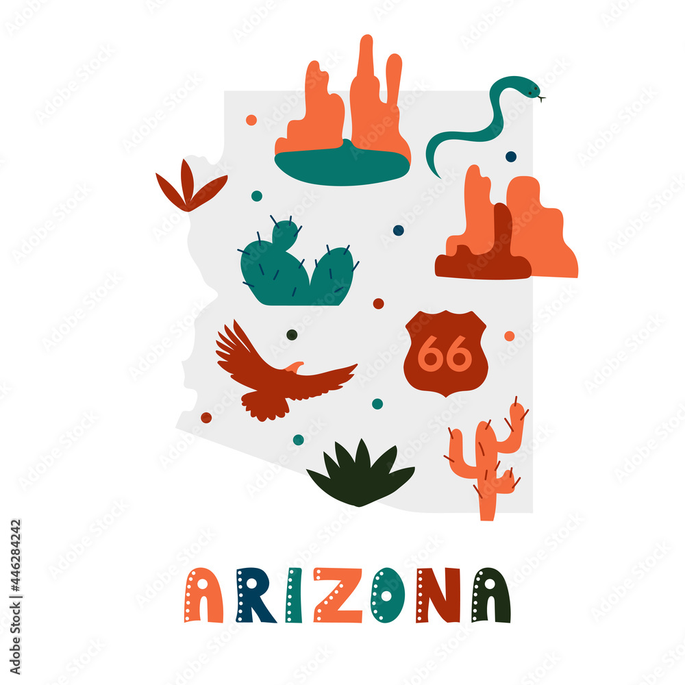 USA map collection. State symbols and nature on gray state silhouette ...