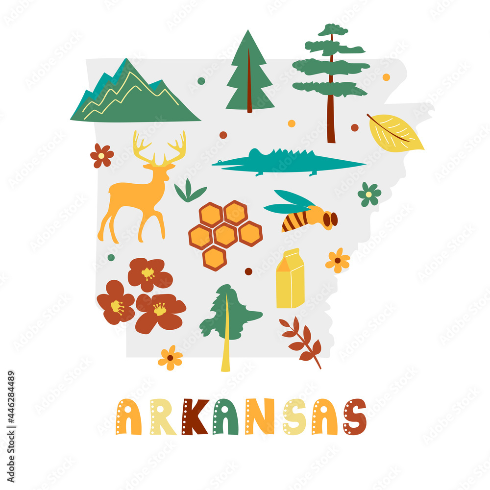 USA map collection. State symbols and nature on gray state silhouette ...