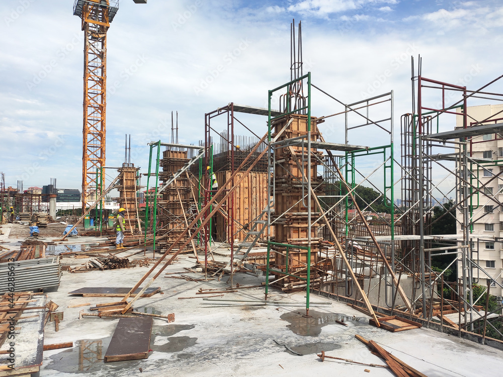 PENANG, MALAYSIA -JUNE 3, 2021: Column timber formwork and ...
