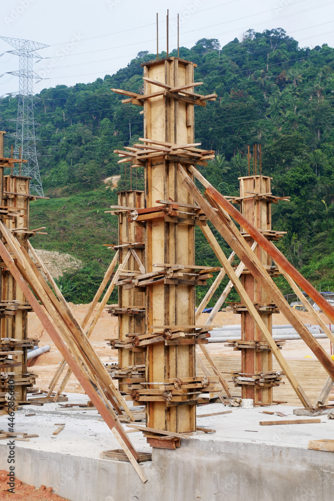 PENANG, MALAYSIA -JUNE 3, 2021: Column timber formwork and ...