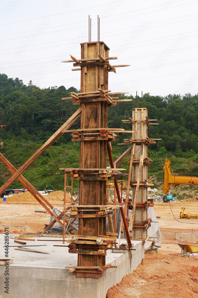 PENANG, MALAYSIA -JUNE 3, 2021: Column timber formwork and ...