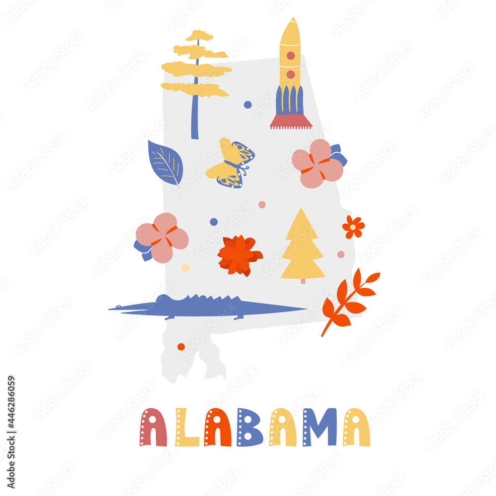 USA map collection. State symbols and nature on gray state silhouette ...