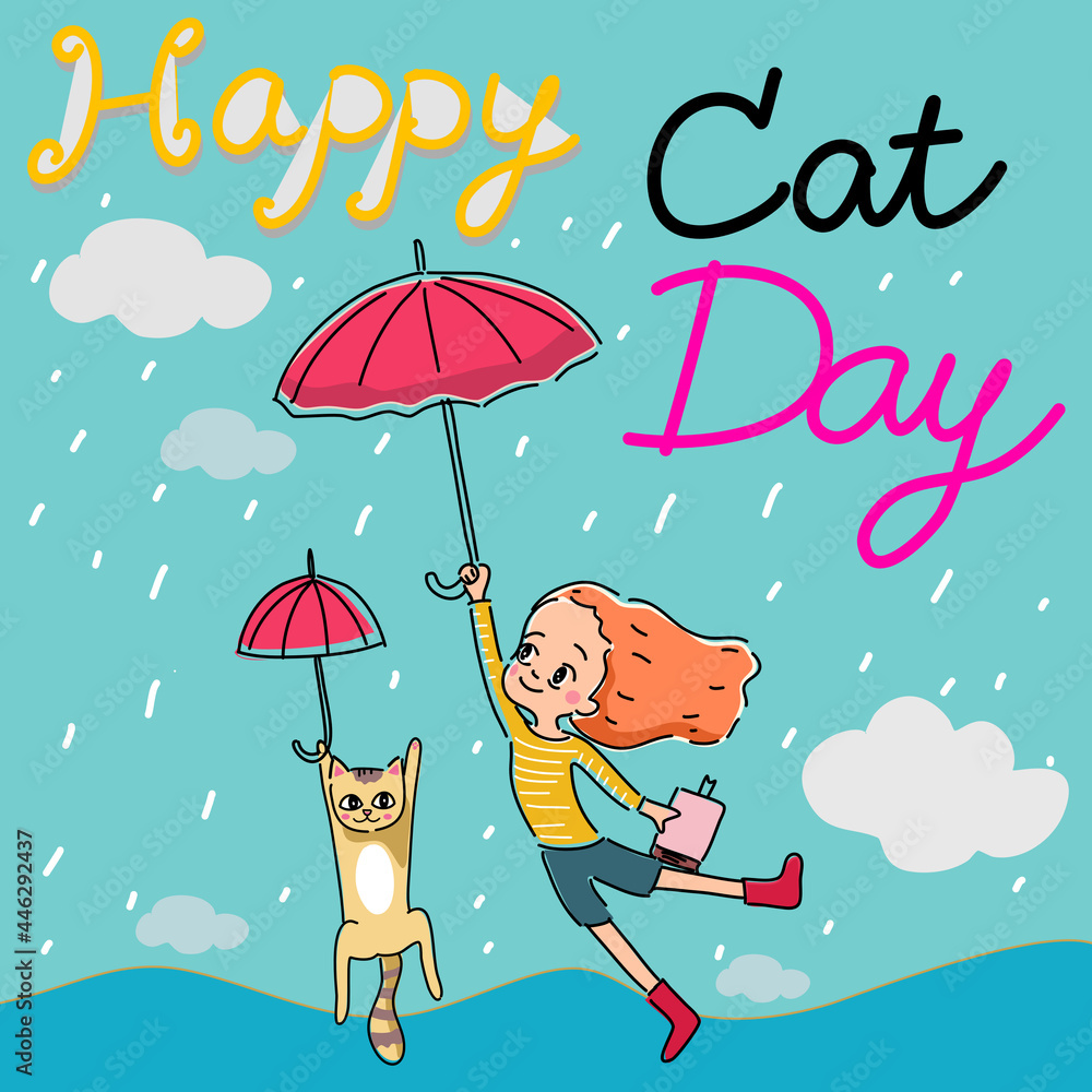 happy Cat day card. illustration of one girl with the book and one cat ...