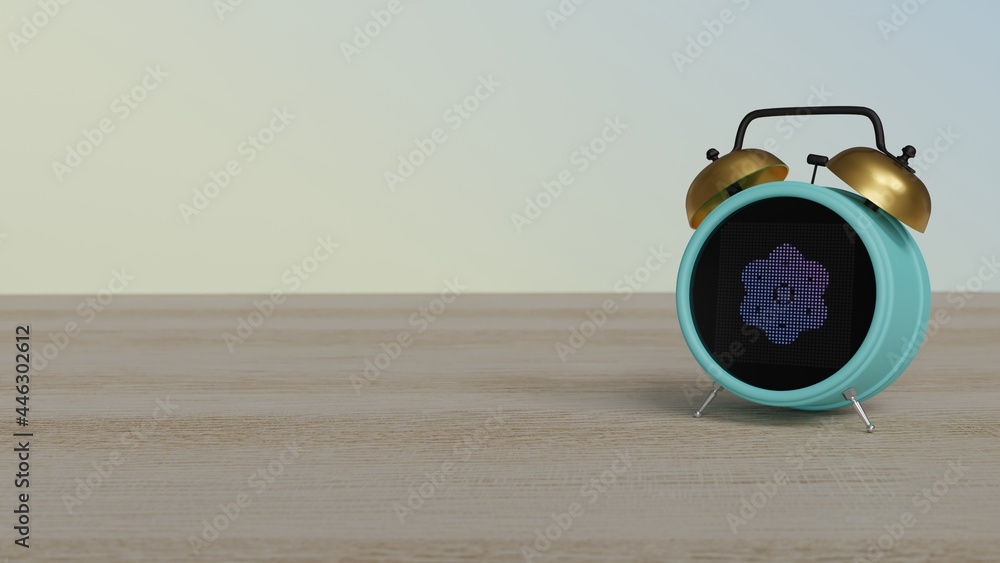 3d rendering of color alarm clock with symbol of atom on display on ...
