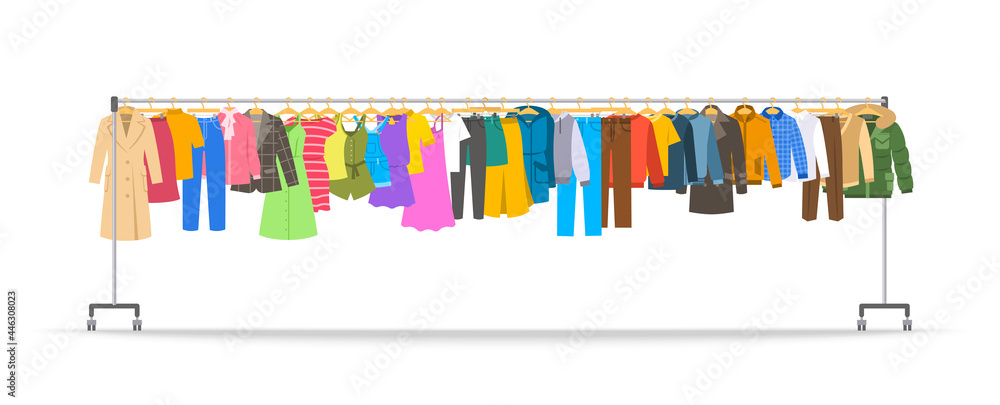 Men and women clothes on long rolling hanger rack. Many different ...