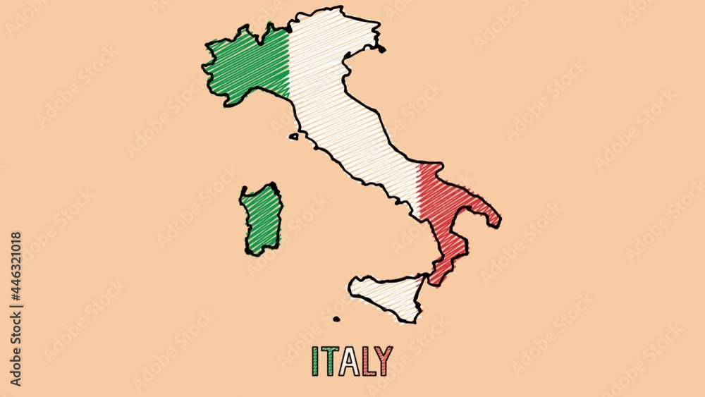 Italy Hand Drawn Cartoon Animated Map With Flag. Isolated Transparent ...