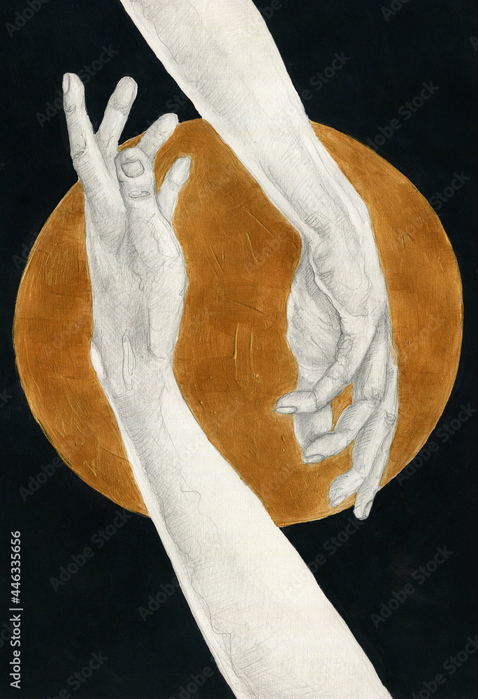 Pencil drawing of two hands close to each other. Acrylic background ...