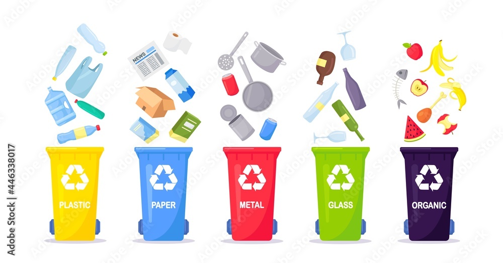 Waste collection, segregation and recycling. Garbage separated into ...