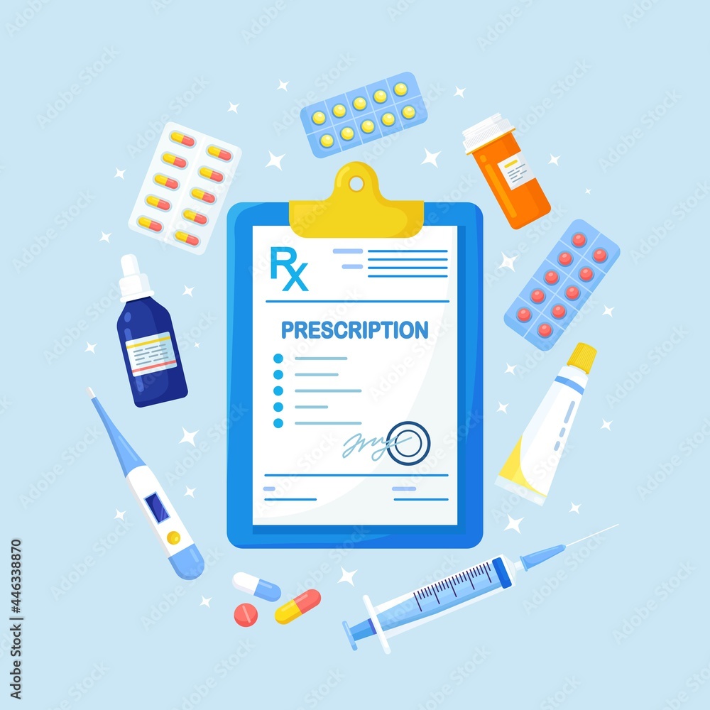 Rx medical prescription form for medicines, pills bottle, blisters with ...