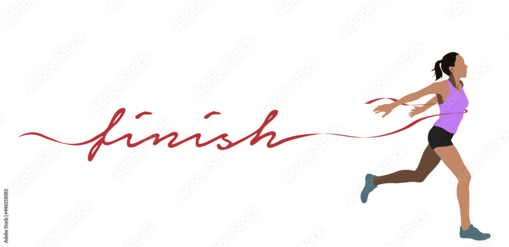Winning female athlete crosses the finish line with finish letter ...