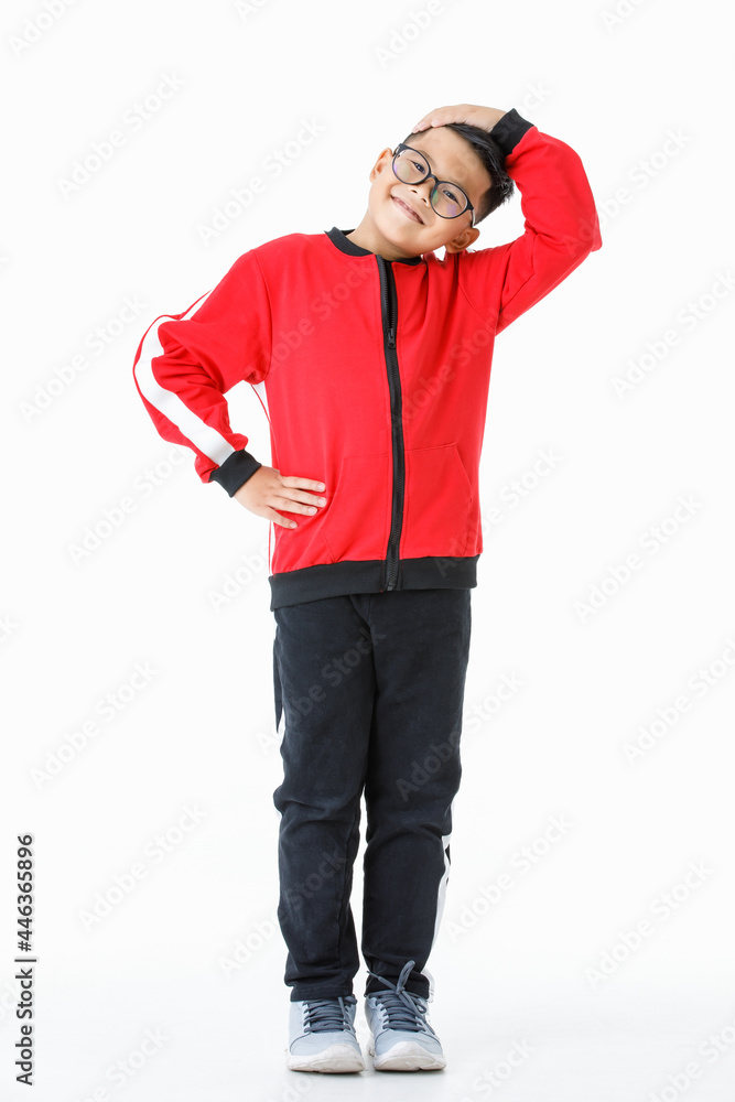 Lovey cutout portrait of healthy Asian boy on red jacket and black ...