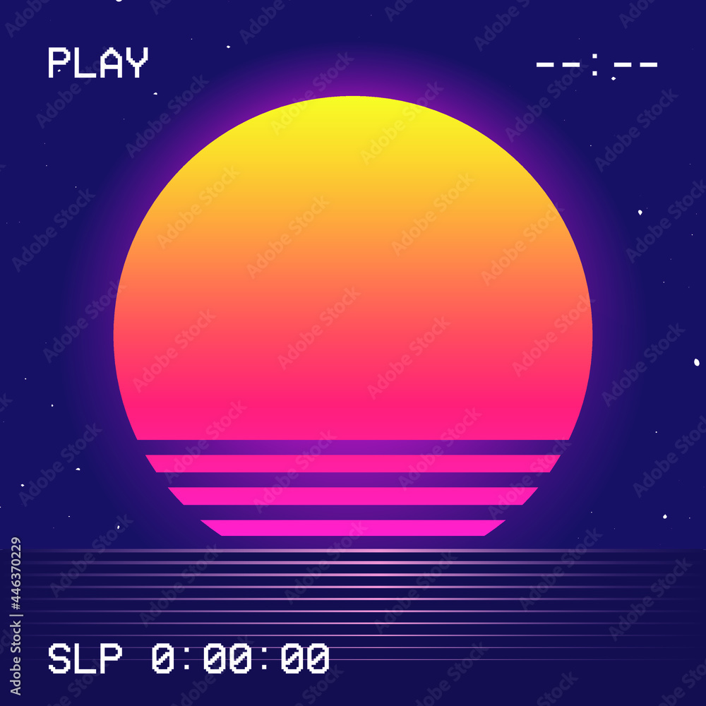80`s Retro sunset in VHS style. Retrowave, synthwave futuristic ...