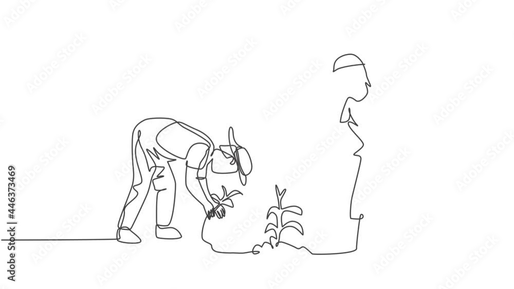 Self drawing animation of single one line draw couple farmer water the ...