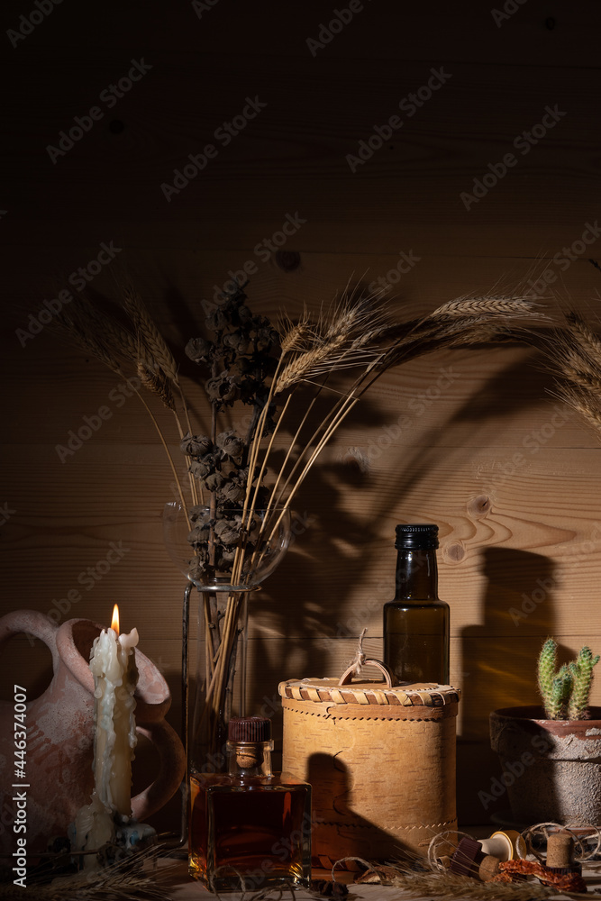 Still life in the genre of Fantasy. Potion bottles, candle, medicine ...