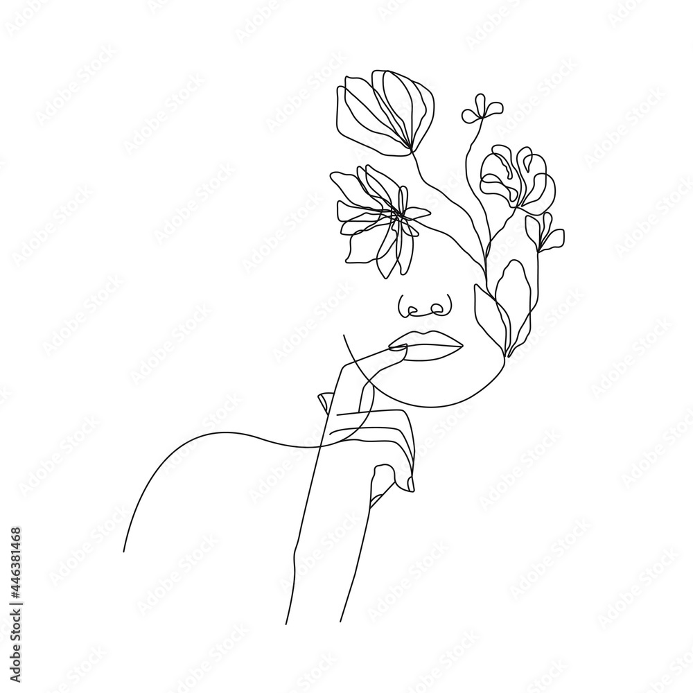 Floral Woman Face Line Art Drawing. Female Face with Flowers One Line ...