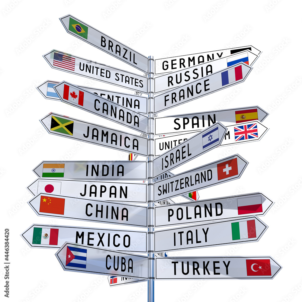 Signpost with national flags of different countries, white backg Stock ...