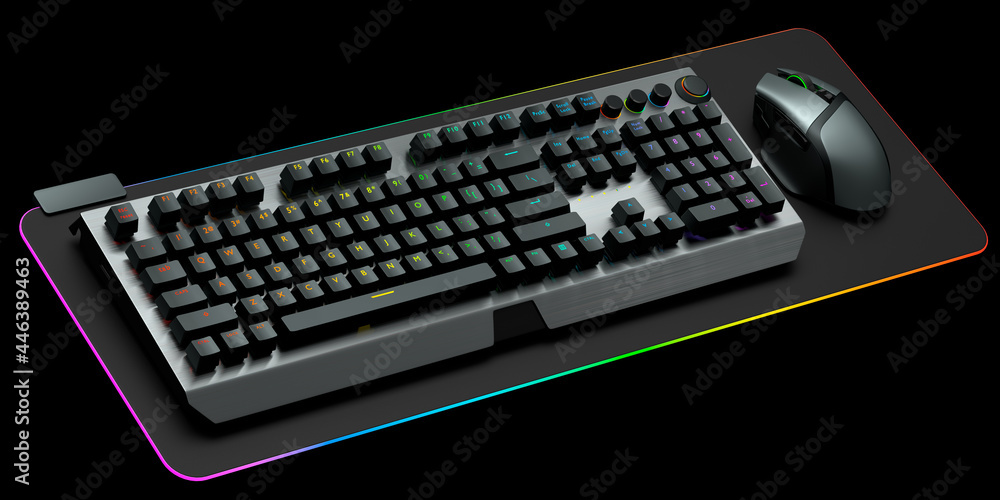 Computer keyboard and mouse on professional pad isolated on black ...