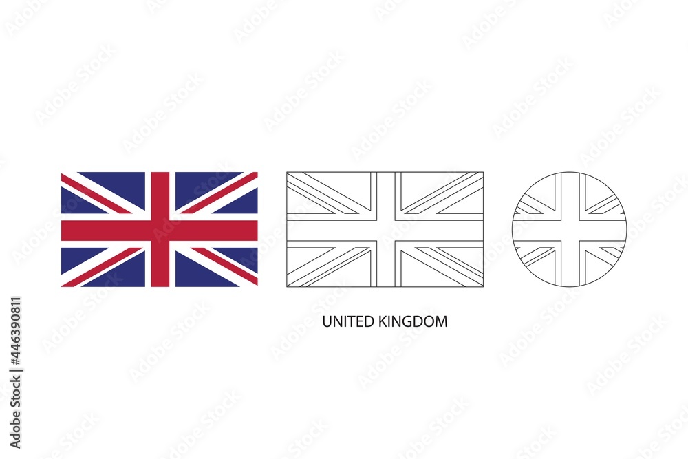 UK flag 3 versions, Vector illustration, Thin black line of rectangle ...