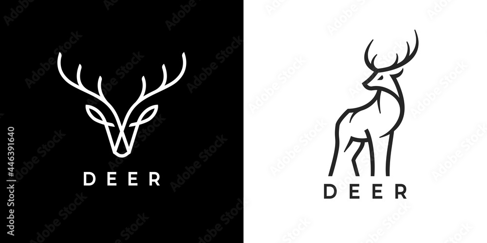 Deer logo line icons. Wild reindeer outdoor brand label. Elk antlers ...