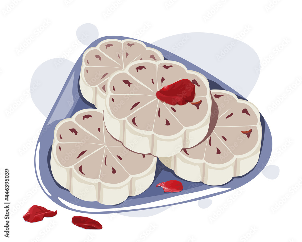 Rose petal mooncake. Isolated plate of snow skin mooncake with rose ...