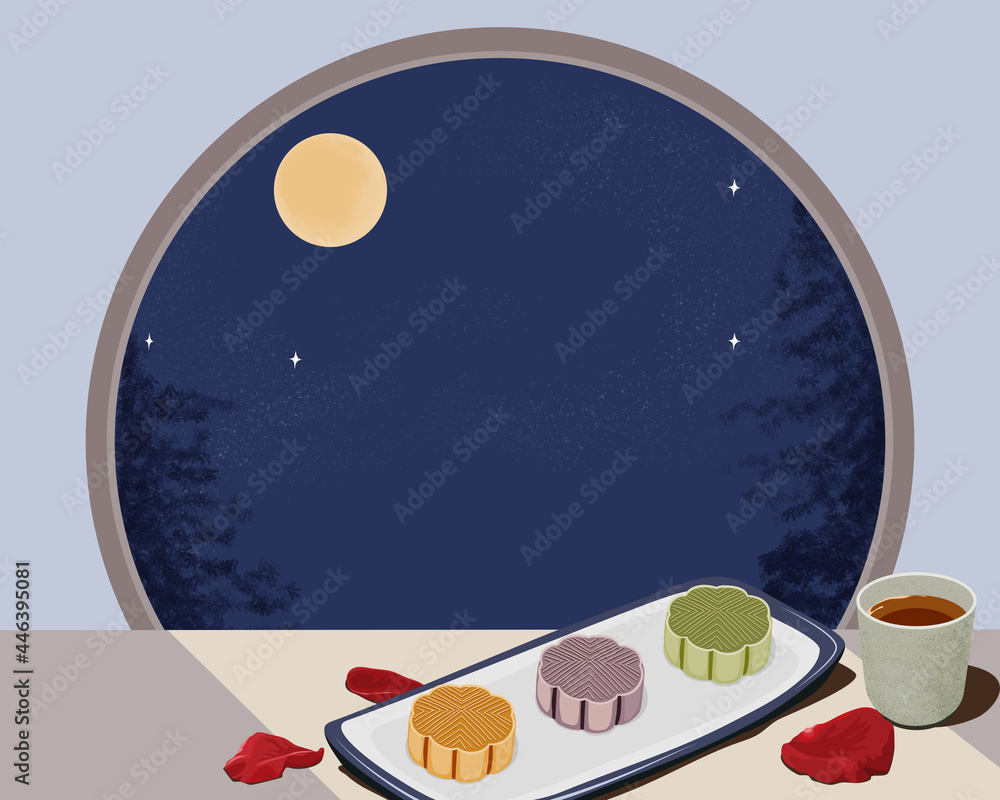 Plate of mooncake and tea on the table underneath the moonlight. They ...