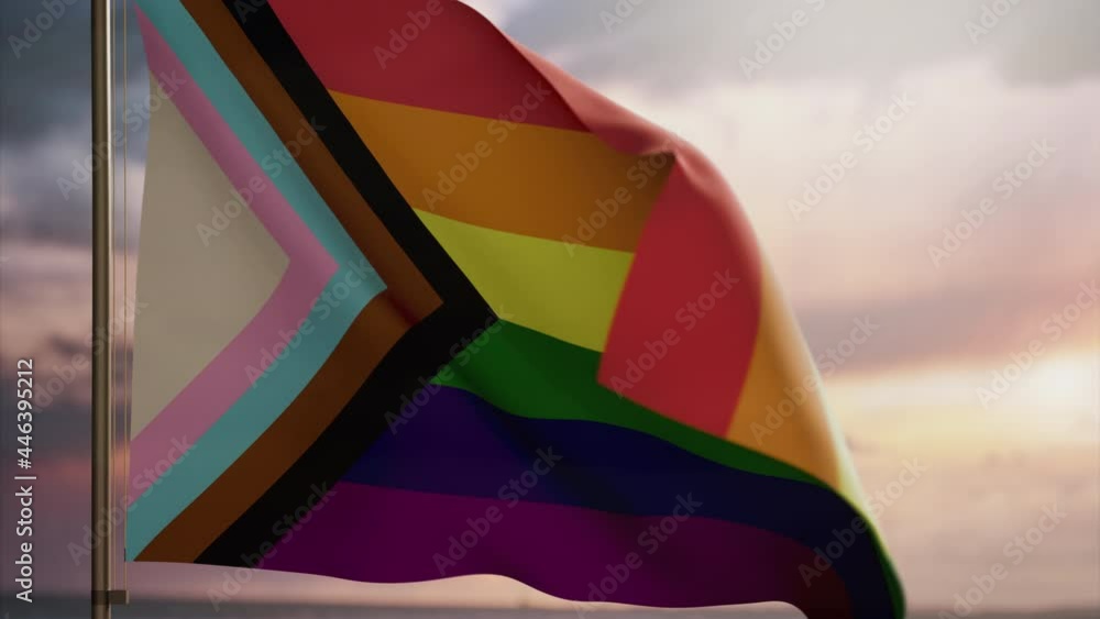 Progress pride flag waving slow motion animation. Sunset or sunrise ...