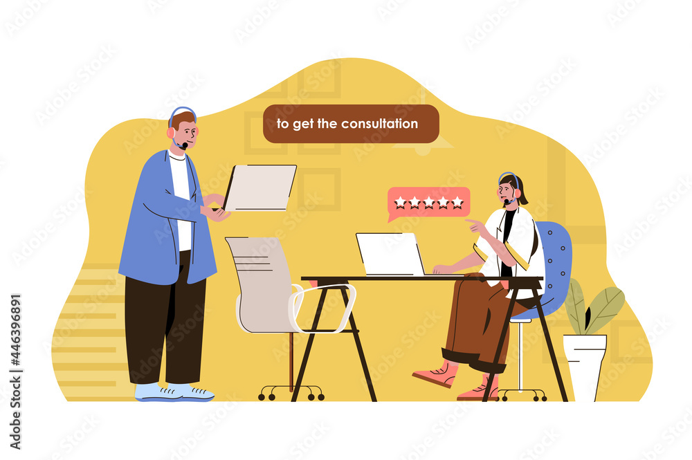 Call center concept. Man and woman operators answering customer ...