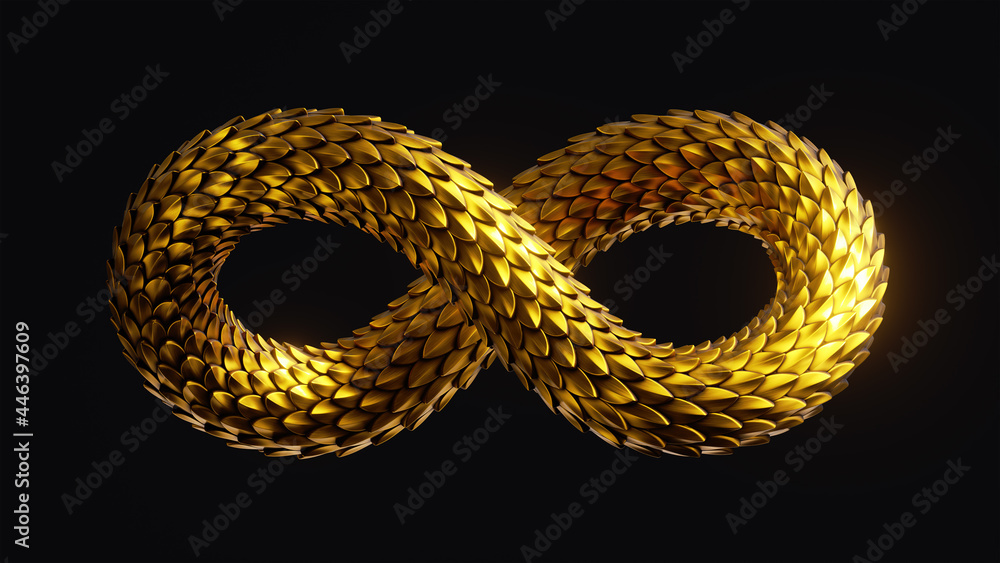3d render, abstract twisted infinity symbol with shiny metallic dragon ...